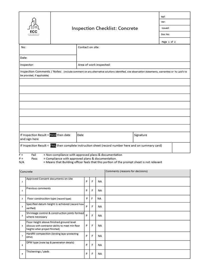 Inspection Sheet - Concrete | PDF | Concrete | Building Technology