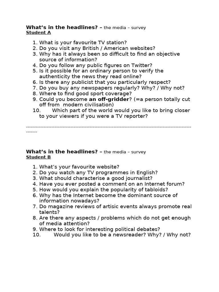 Whats in The Headlines Class Survey Conversation Topics Dialogs ...