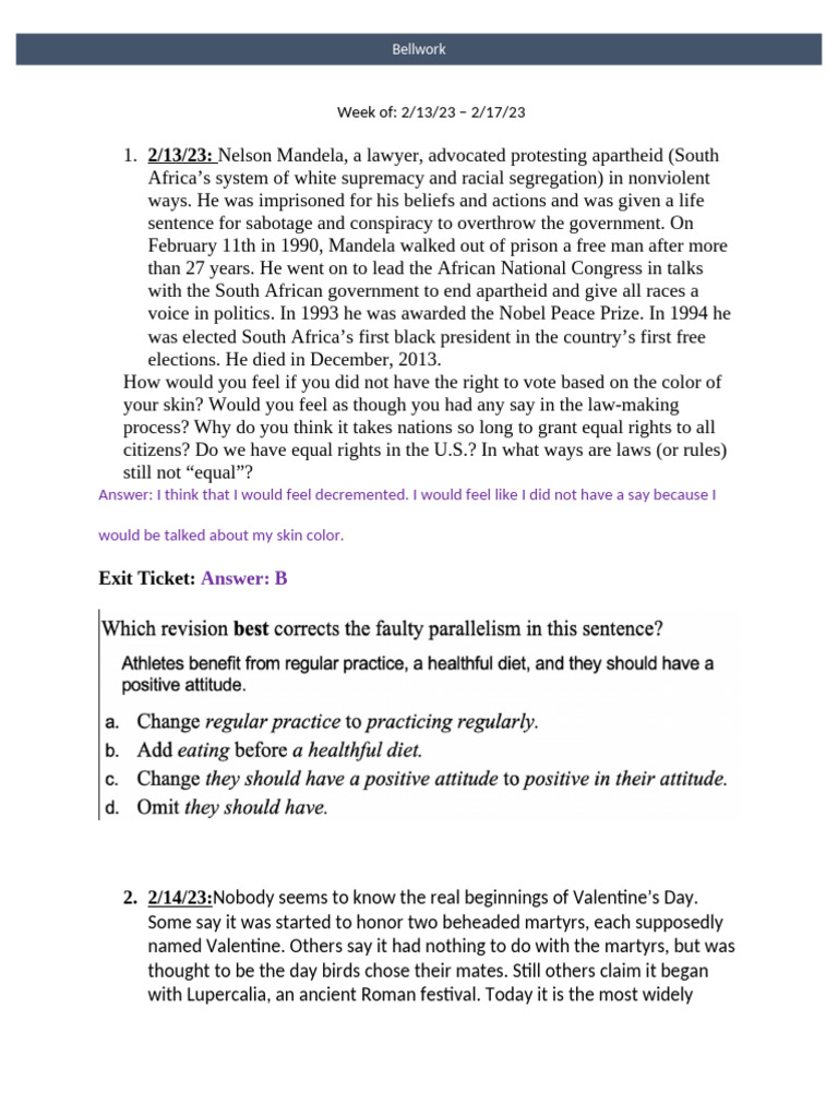 Q3 Bellwork Template W7 | PDF | Tutankhamun | Nelson Mandela