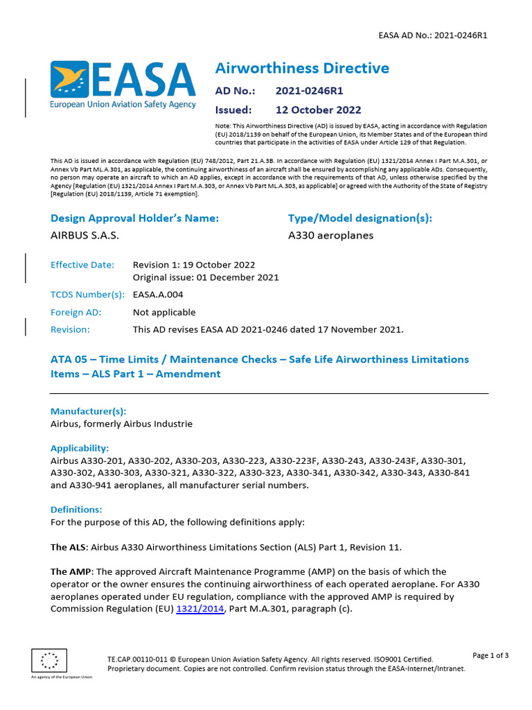 Ata 05 Easa Ad 2021-0246R1 1 | PDF | Aviation
