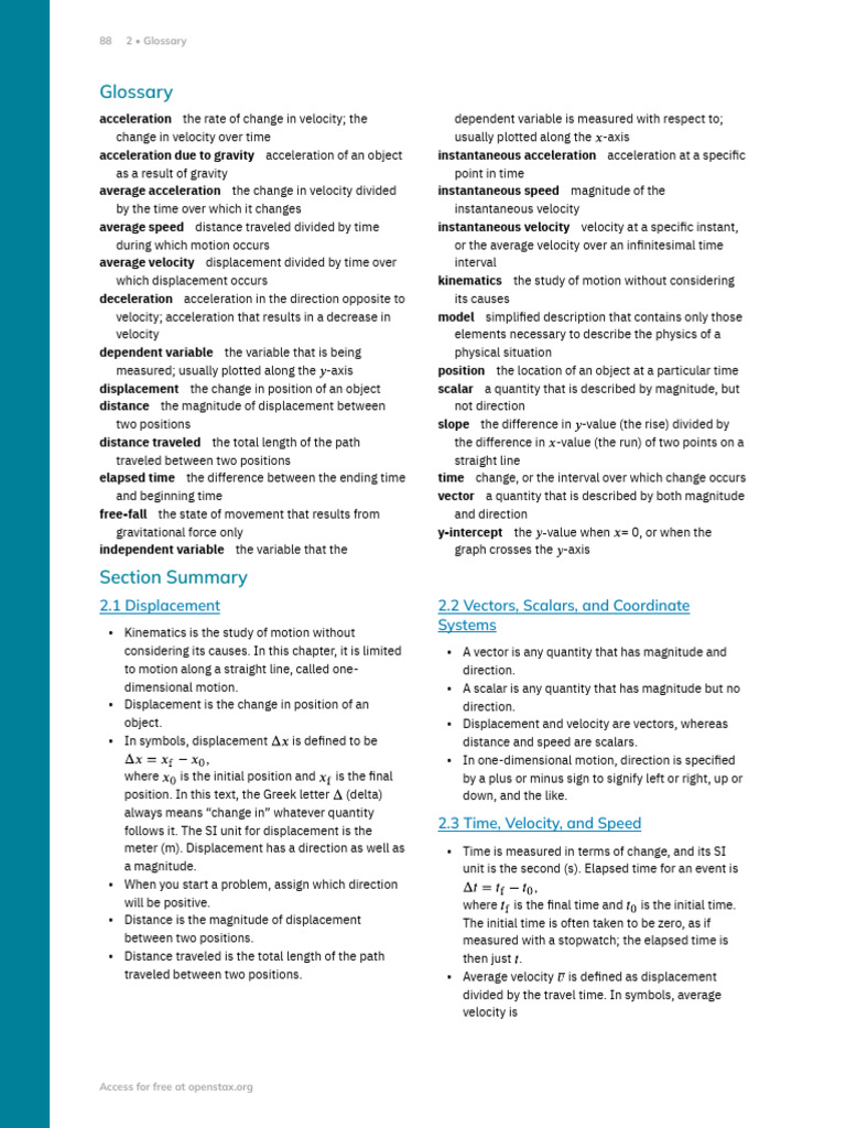 Kinematics Glossary for Physics 2E | PDF | Velocity | Acceleration