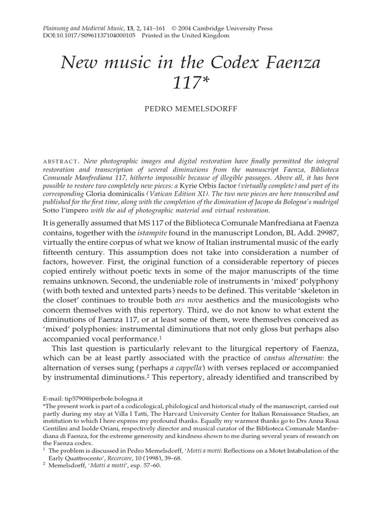 New Music in The Codex Faenza 117 : Kyrie Orbis Factor Gloria ...