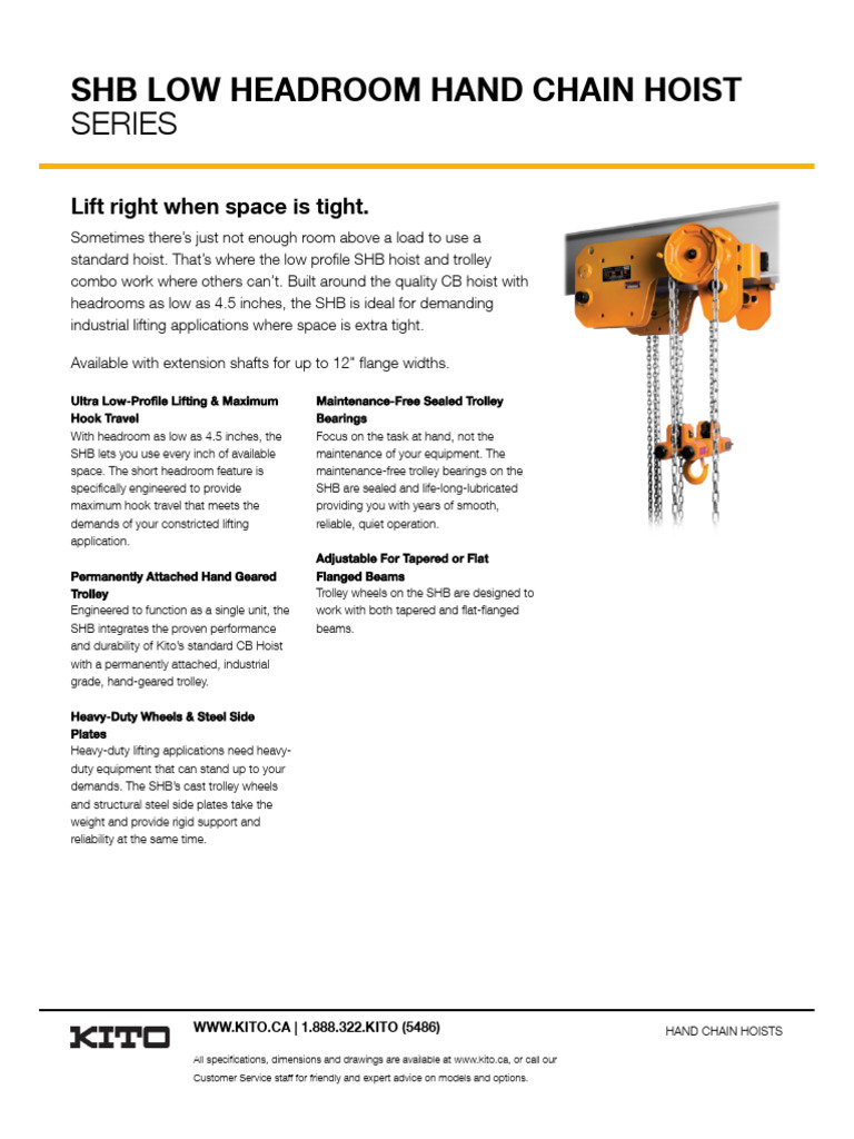 KITO Canada - SHB Low Headroom Hand Chain Hoist | PDF | Heat Treating | Bearing (Mechanical)