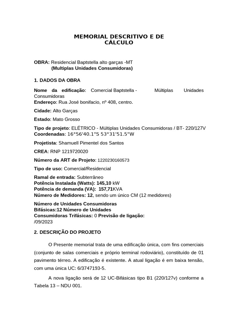 Memorial Descritivo e de Cálculo | PDF | Eletricidade | Eletromagnetismo