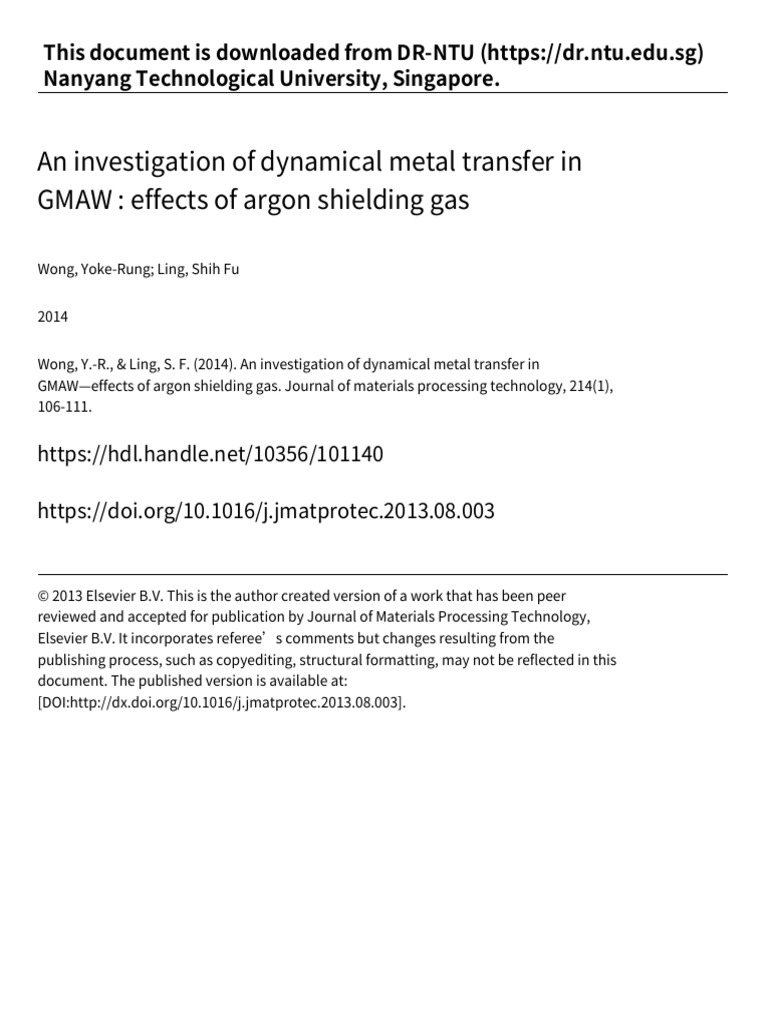 292. An investigation of dynamical metal transfer in GMAW-Effects of argon shielding gas | PDF ...