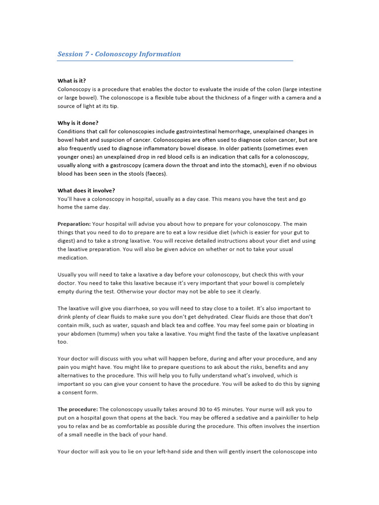 Colonoscopy: Procedure and Preparation Guide | PDF | Colonoscopy ...