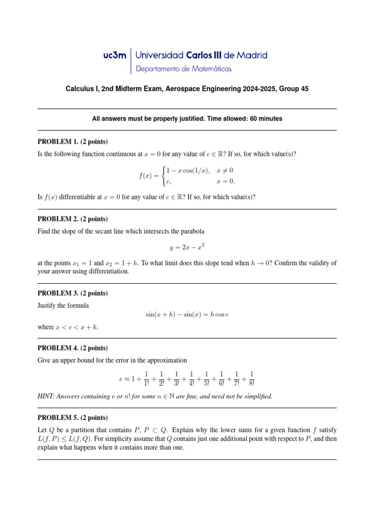 Aerospace Calculus Midterm Exam | PDF | Slope | Functions And Mappings