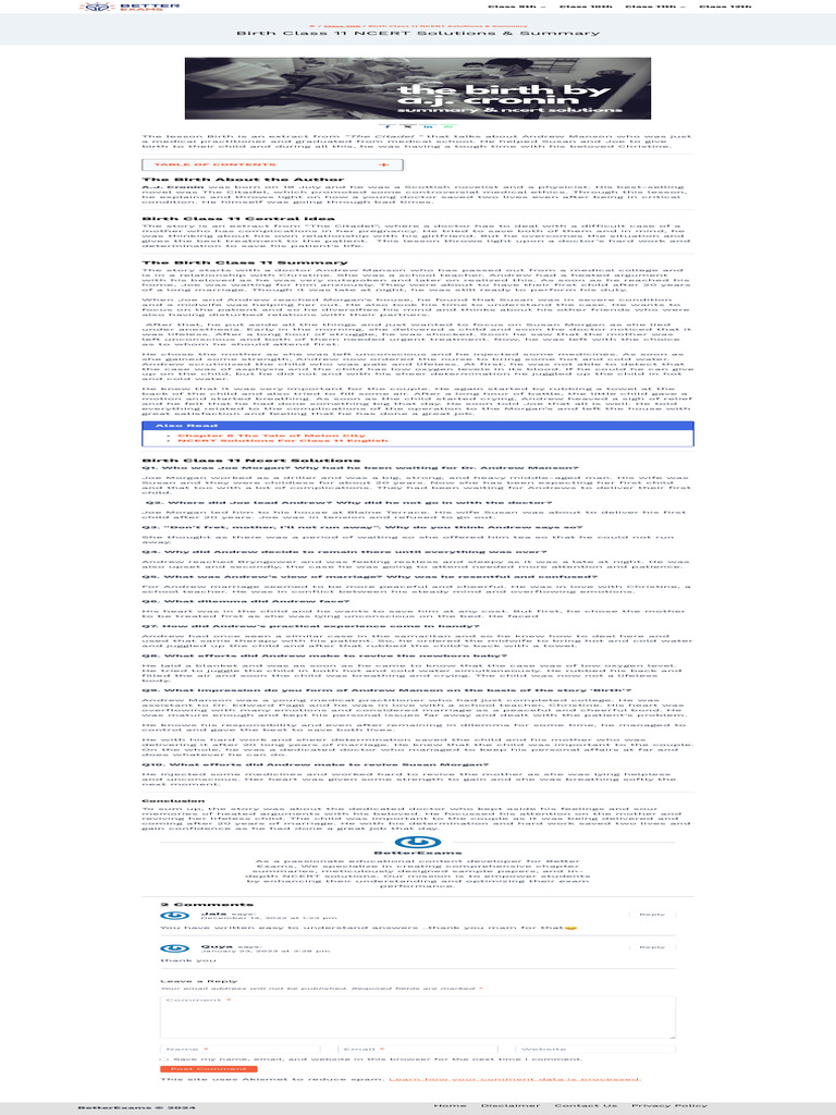 Birth Class 11 NCERT Solutions & Summary - BetterExams | PDF