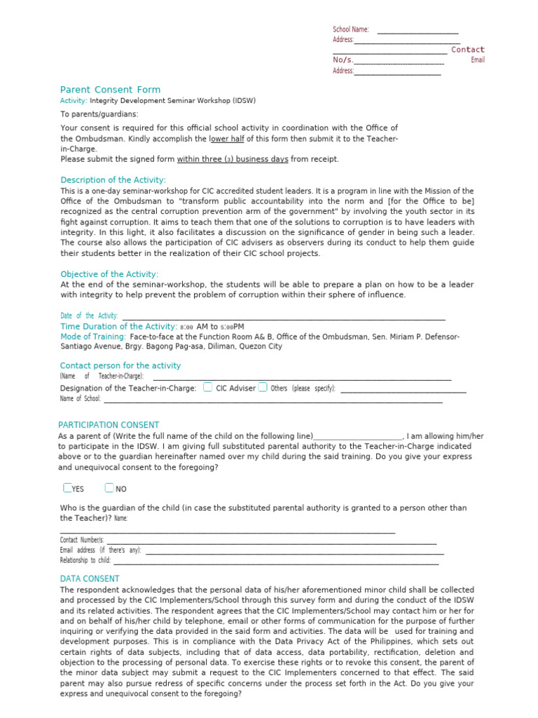 Parent Consent for Integrity Seminar | PDF | Consent | Social Ethics