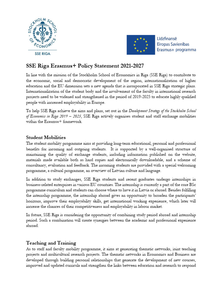 SSE Riga Erasmus+ Policy Overview 2021-2027 | PDF | Economies