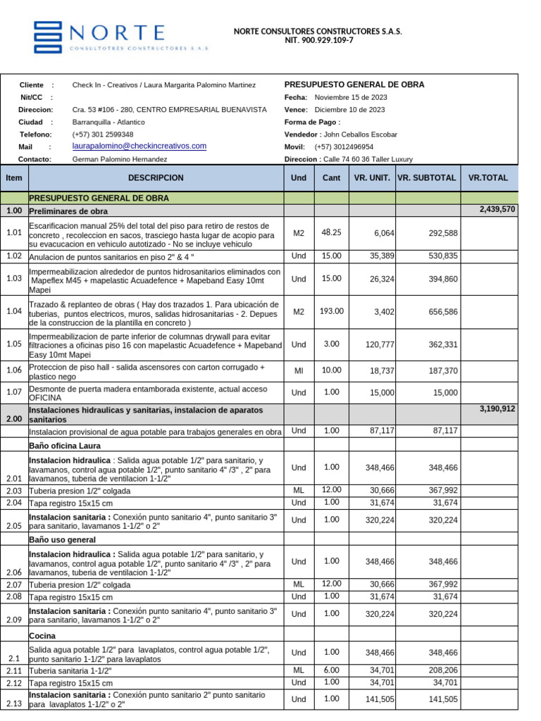 Presupuesto General de OBRA EJEMPLO (2) | PDF | Materiales de construcción | Material compuesto
