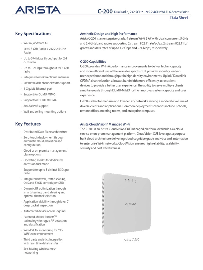 Arista C 200 Datasheet | PDF | Wi Fi | Computer Network
