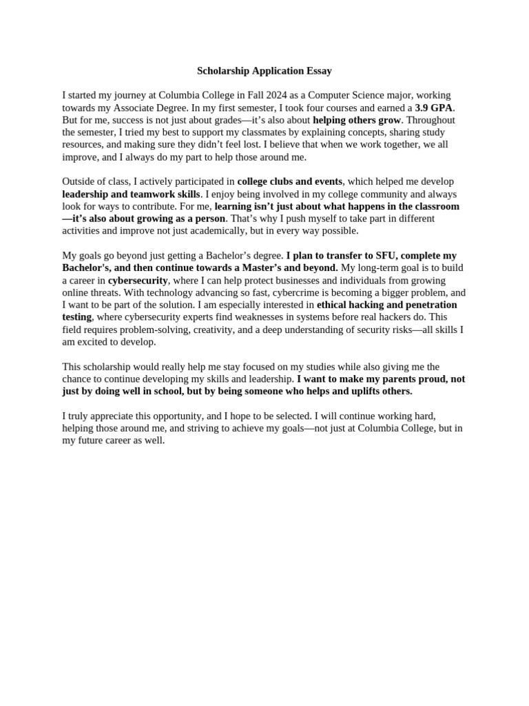 Scholarship Application Essay | PDF