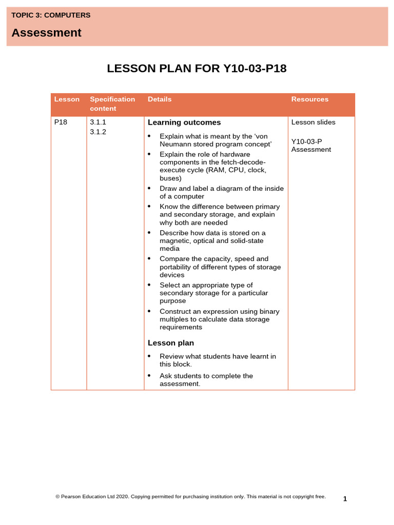 Y10_03_P18_Lesson_Plan_v2 | PDF | Computer Data Storage | Computer Architecture