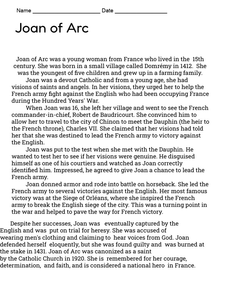 Joan of Arc Reading Comprehension - Multiple Choice | PDF | Joan Of Arc
