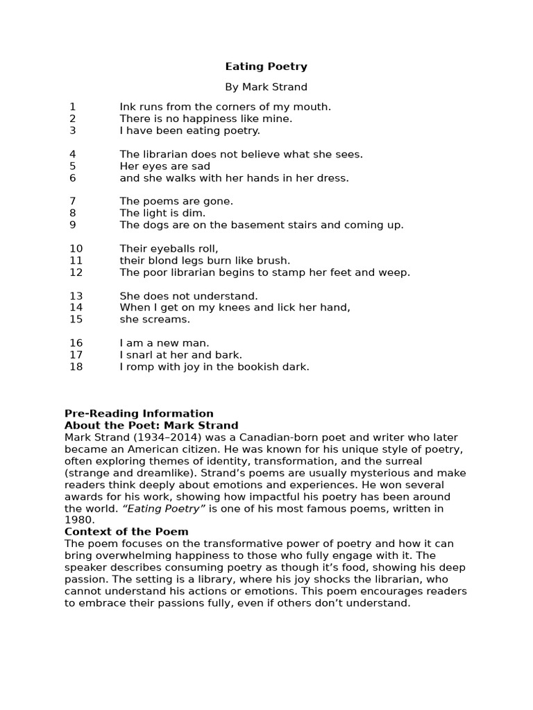 Eating Poetry - Mark Strand | PDF | Poetry | Happiness