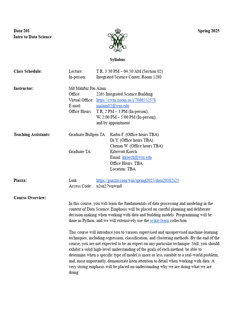 Data 201 Syllabus Spring25 Section02 | PDF | Machine Learning