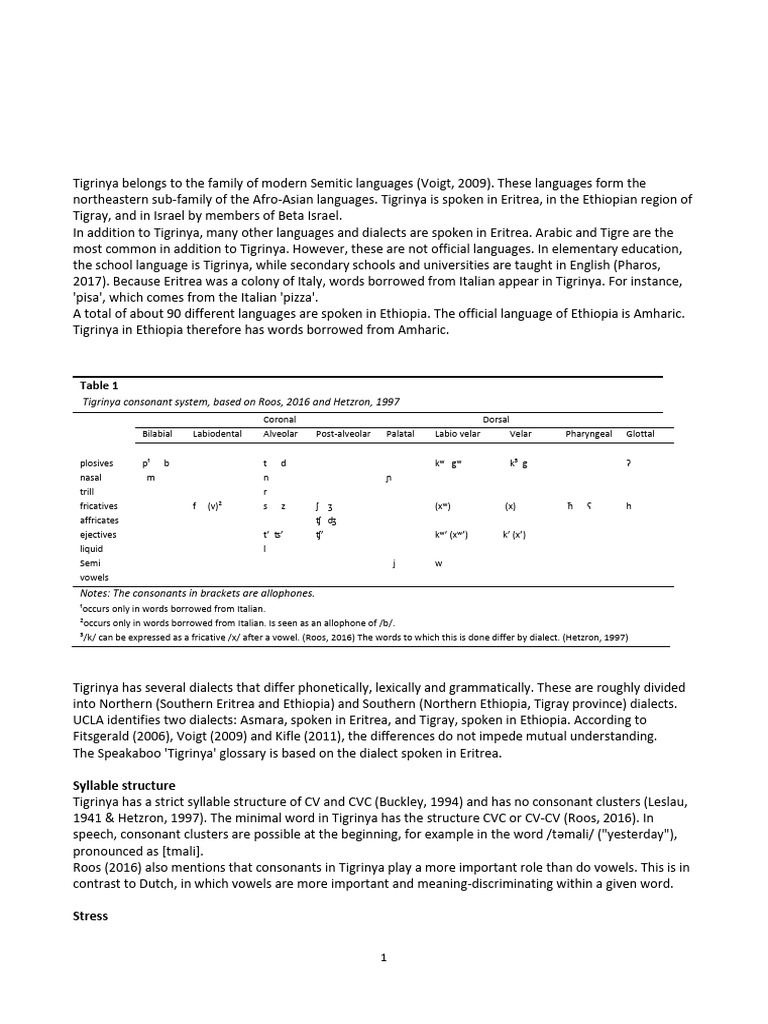 Tigrinya Language Overview | PDF | Stress (Linguistics) | Consonant