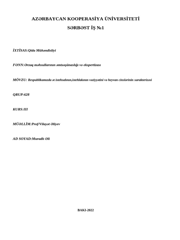 Azərbaycan Kooperasiya Üniversiteti SƏRBƏST İş 1: İXTİSAS:Qida Mühəndisliyi | PDF