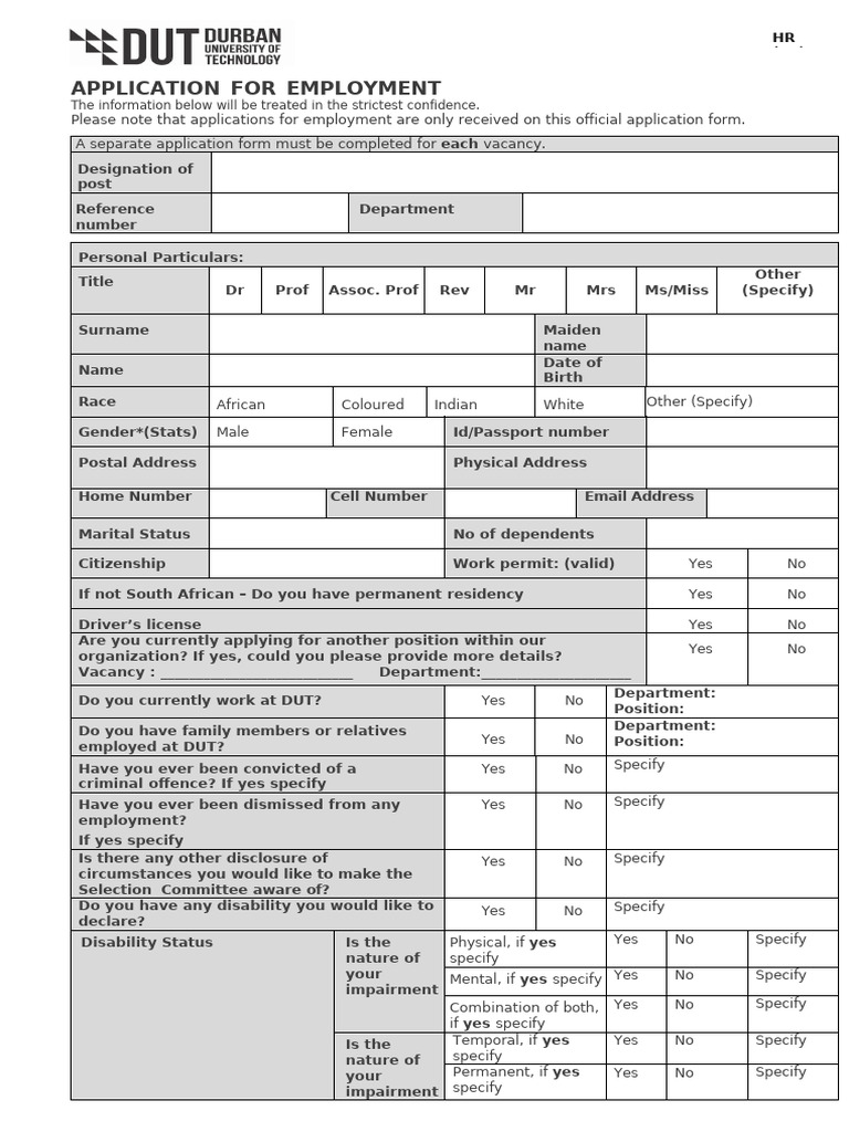 DUT Employment Application Form | PDF | Justice | Crime & Violence