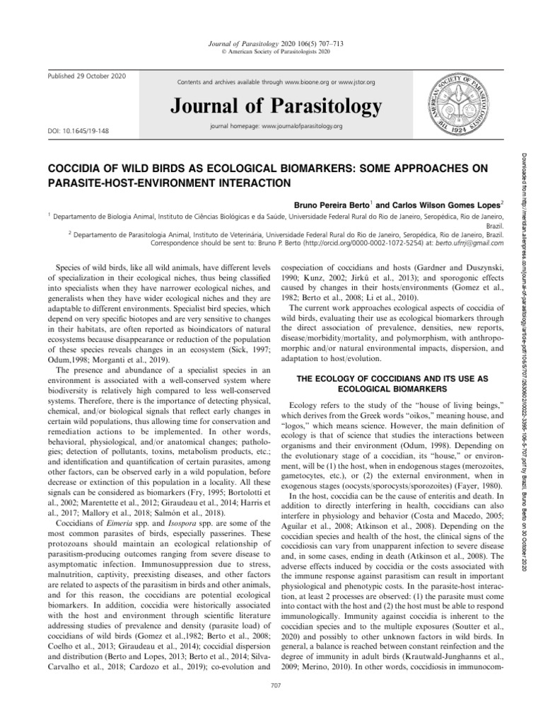 2020 - Coccidia of Wild Birds As Ecological Biomarkers | PDF | Ecology | Biology