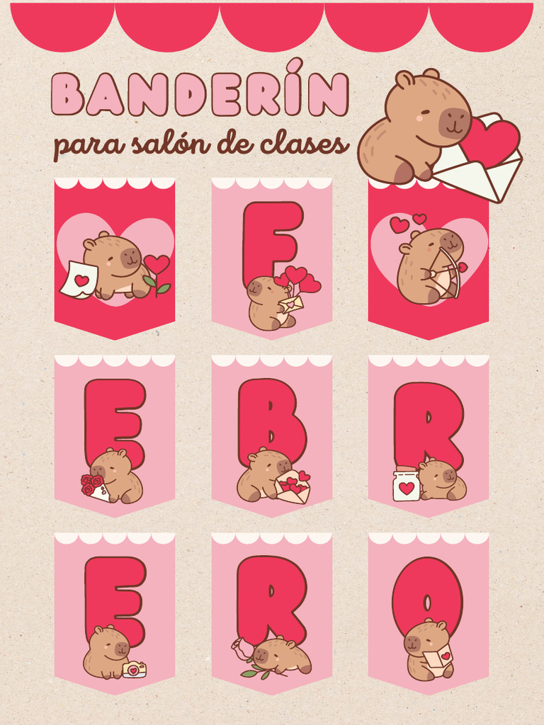 Banderín para Salón de Clases Febrero San Valentín Ilustrado Capibara ...