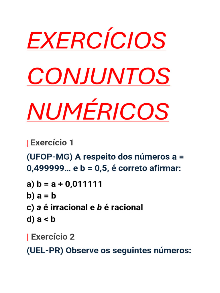Exercícios Conjuntos Numéricos | PDF