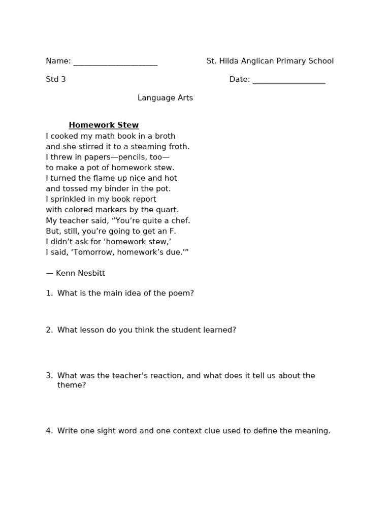 Std 3 Homework Stew Poem Analysis | PDF