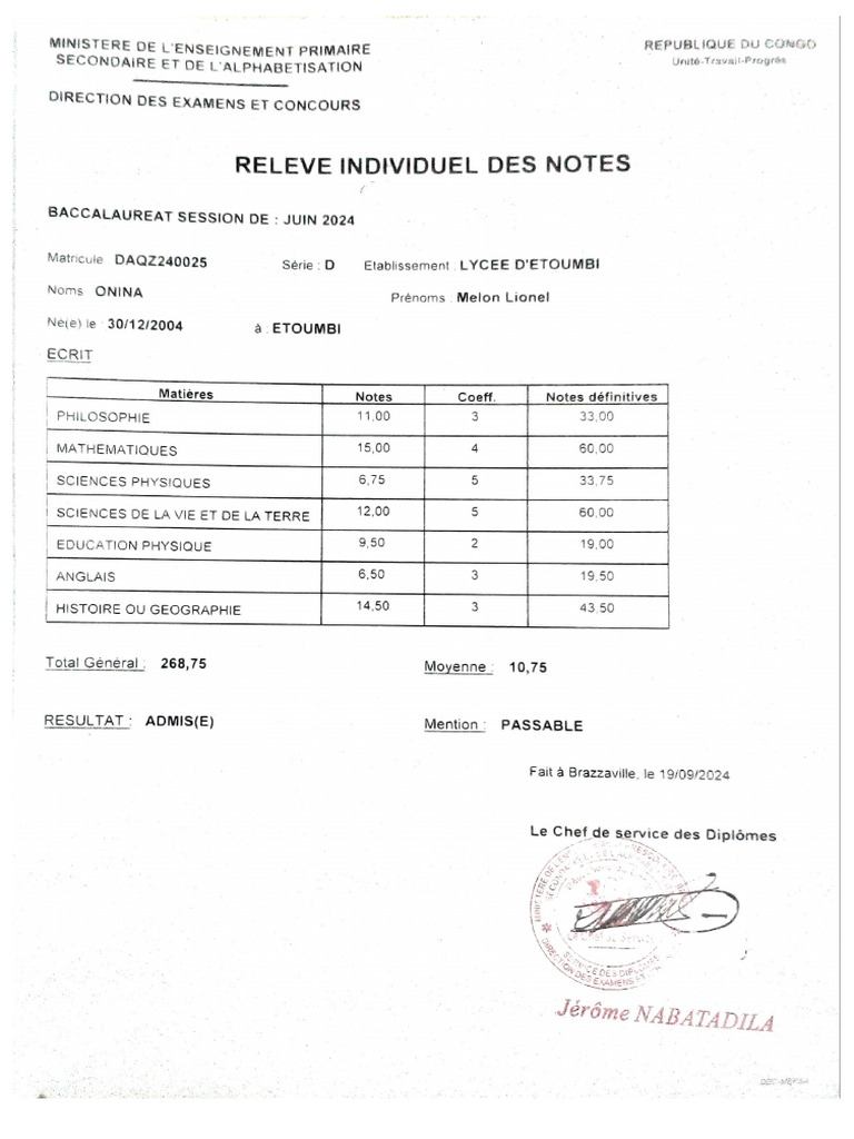 Relevé de Notes | PDF