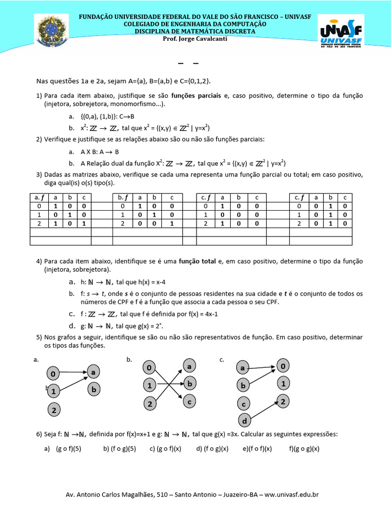 Lista Exercicios 06 Funcoes | PDF | Função (Matemática) | Funções e ...