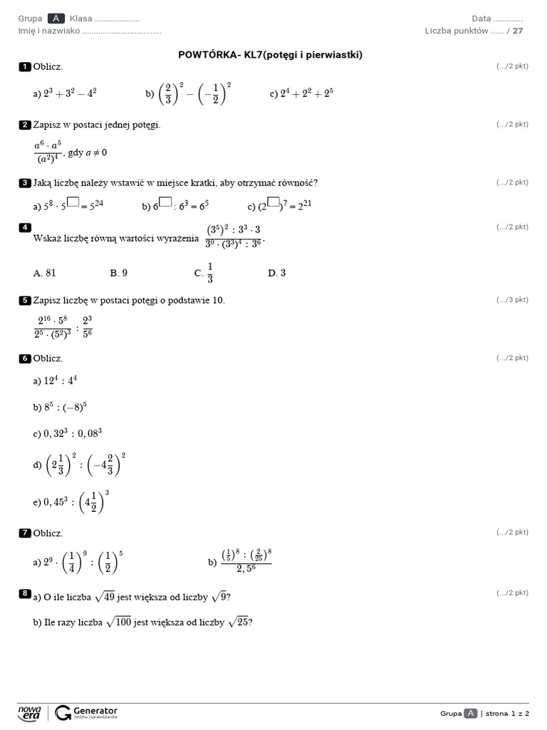 POWTÓRKA-KL7 (Potęgi I Pierwiastki) : Grupa - Strona 1 Z 2 | PDF
