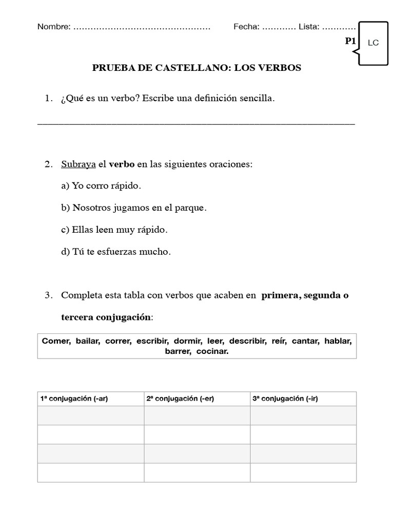 Prueba de Castellano: Verbos y Conjugaciones | PDF | Verbo ...