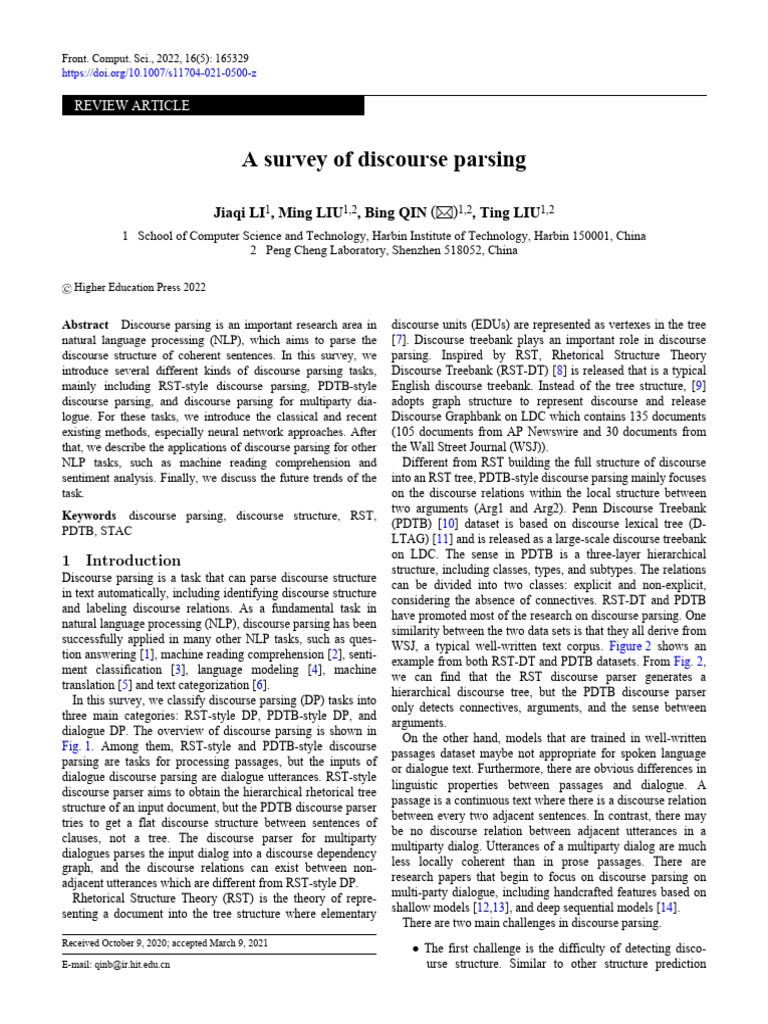 Li, J., Et Al. (2022) - A Survey of Discourse Parsing. Frontiers of Computer Science | PDF ...