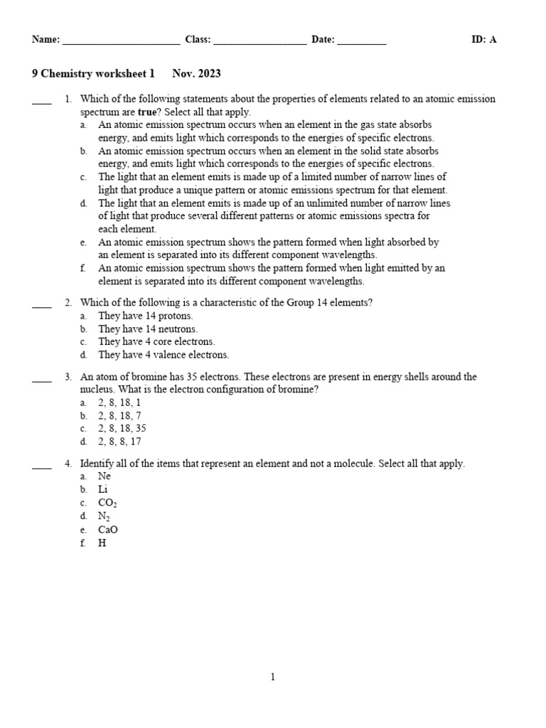 Chemistry Worksheet on Atomic Emission | PDF | Emission Spectrum ...