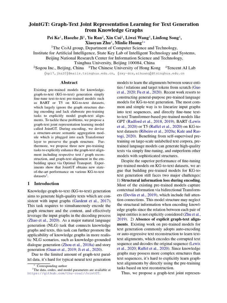 Ke, P., Et Al. (2021) - Jointgt - Graph-Text Joint Representation Learning For Text Generation ...