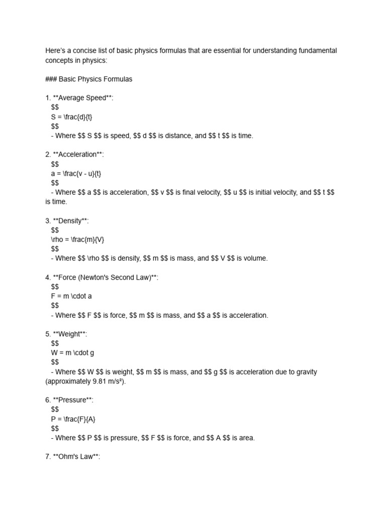 asic Physics Formula | PDF | Force | Acceleration