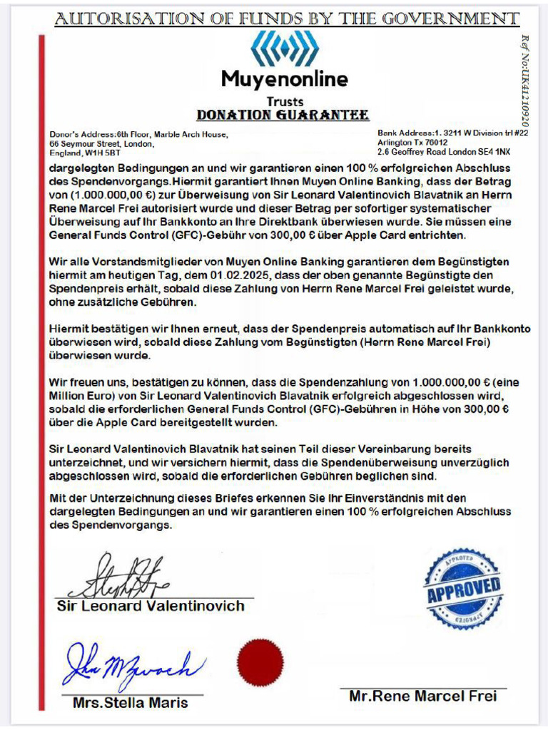 Donation Guarantee Letter (Rene Marcel Frei) | PDF