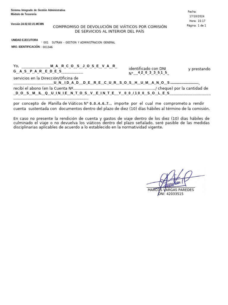 Compromiso de Devolución de Viáticos | PDF