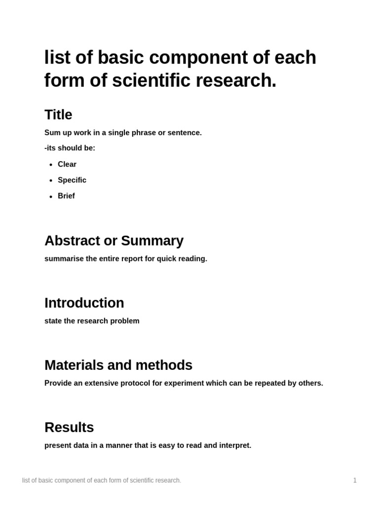 List of Basic Component of Each Form of Scientific Research. | PDF