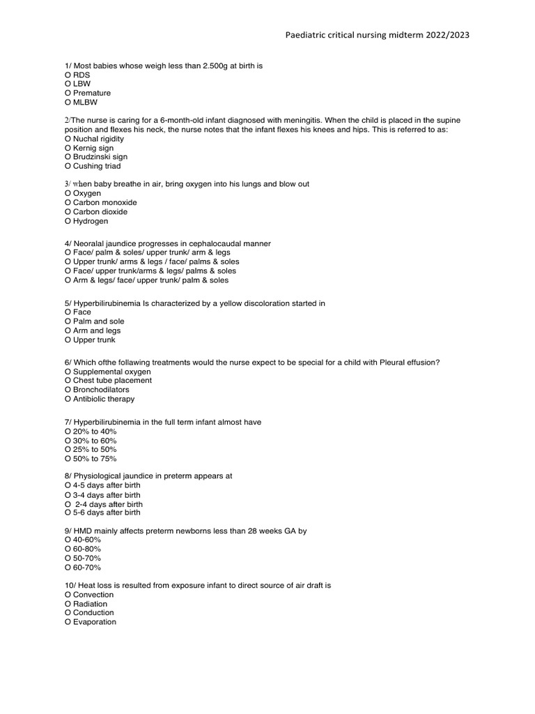 Paediatric Critical Nursing Midterm 20222023 | PDF