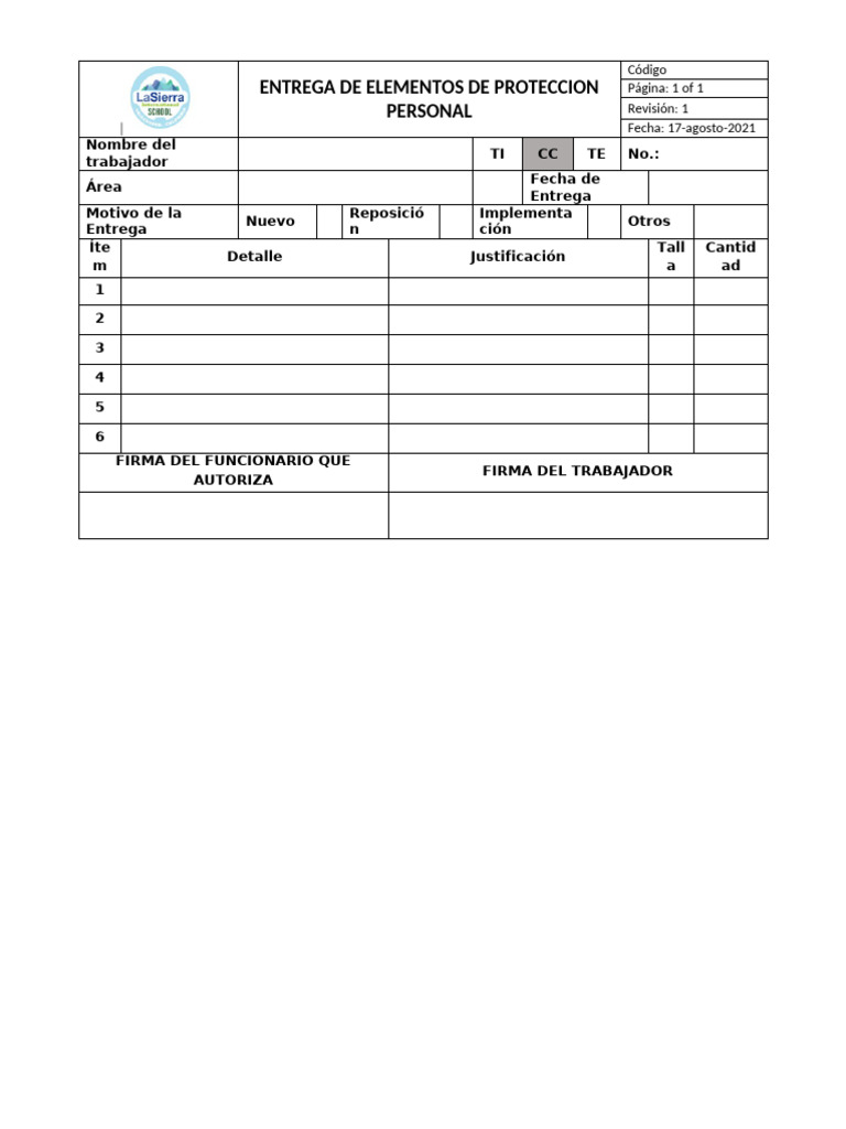 Acta de Entrega de Epp | PDF
