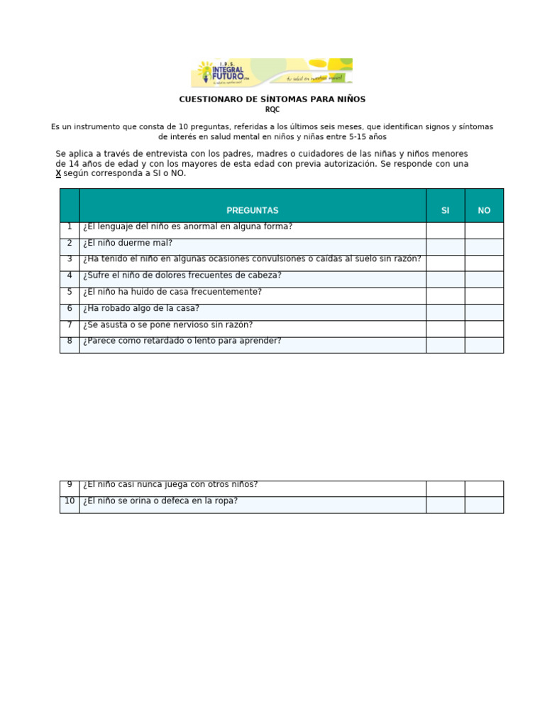 RQC Cuestionaro de Síntomas para Niños | PDF