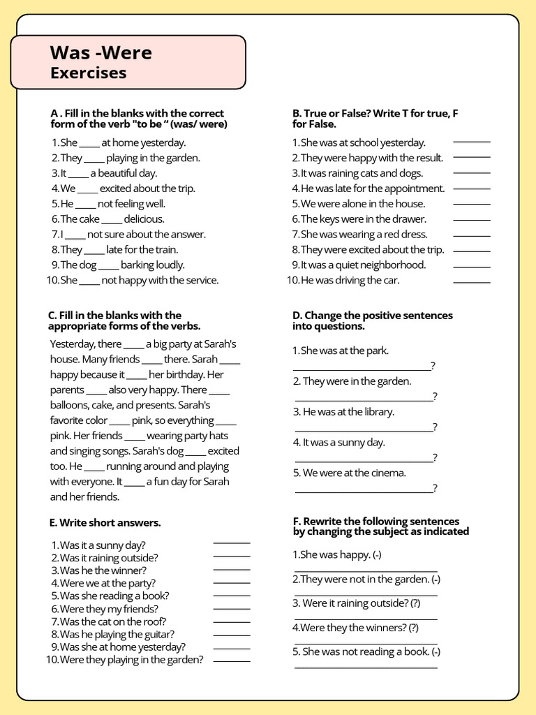Was-Were Verb Exercises for Practice | PDF | Syntax | Grammar