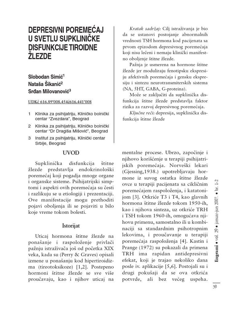 Depresivni Poremecaj U Svetlu Supklinicke Disfunkcije Tiroidne Zlezde ...
