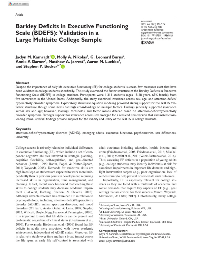 Kamradt Et Al 2019 Barkley Deficits in Executive Functioning Scale (Bdefs) Validation in A Large ...