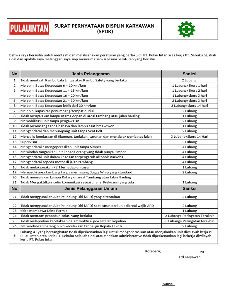Surat Pernyataan Displin Karyawan (SPDK) | PDF