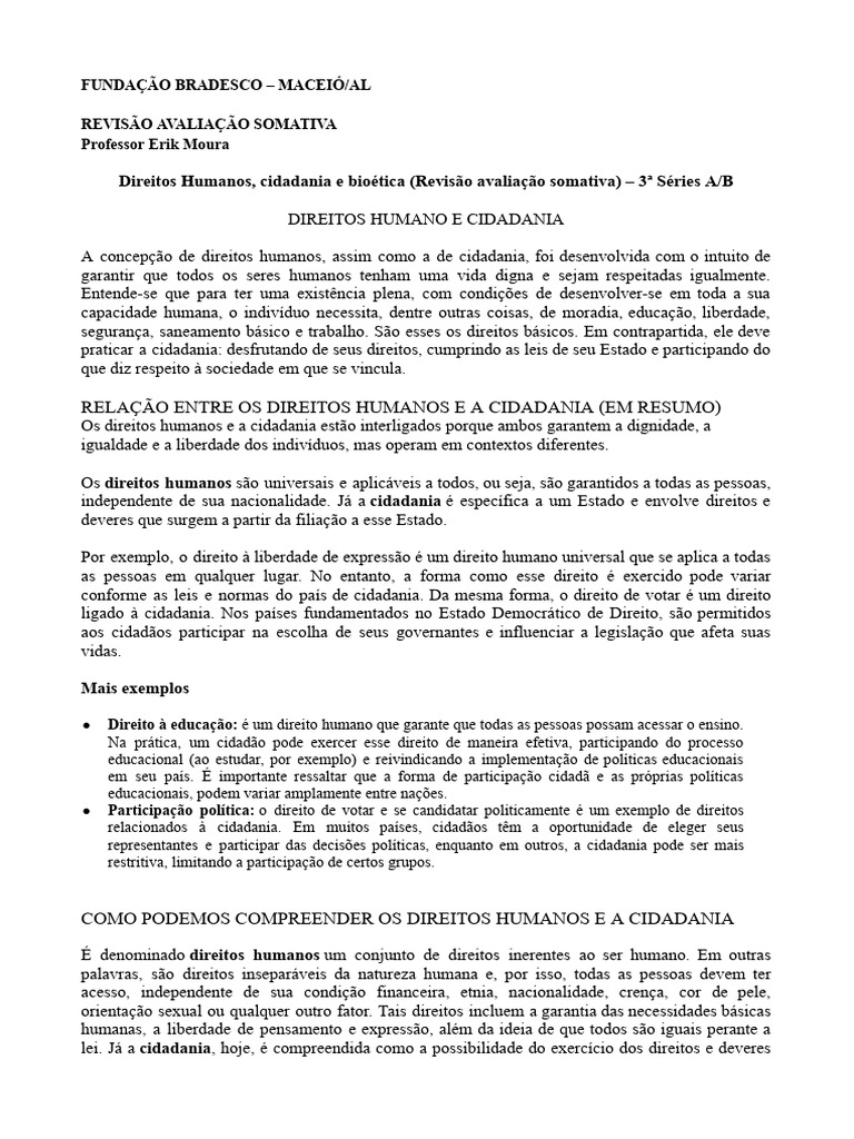 Roteiro de Estudos 3 - S-Ries - 4 - Bimestre | PDF | Cidadania | Direitos Humanos