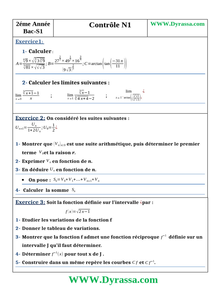 Contrôle 1 Semestre 1 Mathématiques Bac PC | PDF