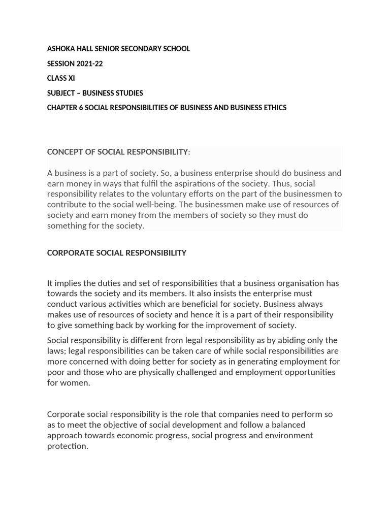 Class 11 Chapter 6 Social Responsibilities of Business and Business ...