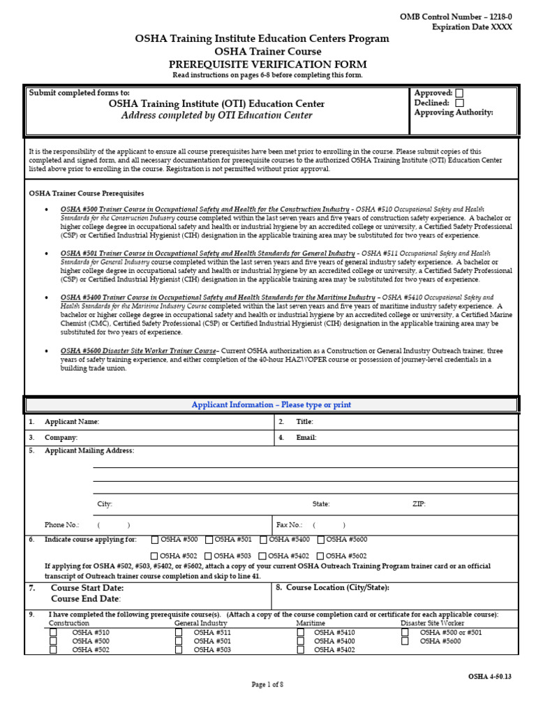 OSHA Trainer Course Prerequisite Form | PDF | Occupational Hygiene ...